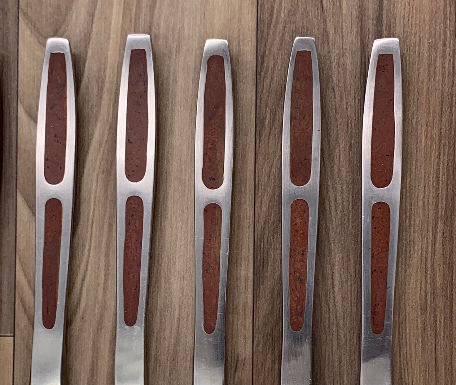Vintage Flatware set with Brown Inset Handles, Stainless silverware set