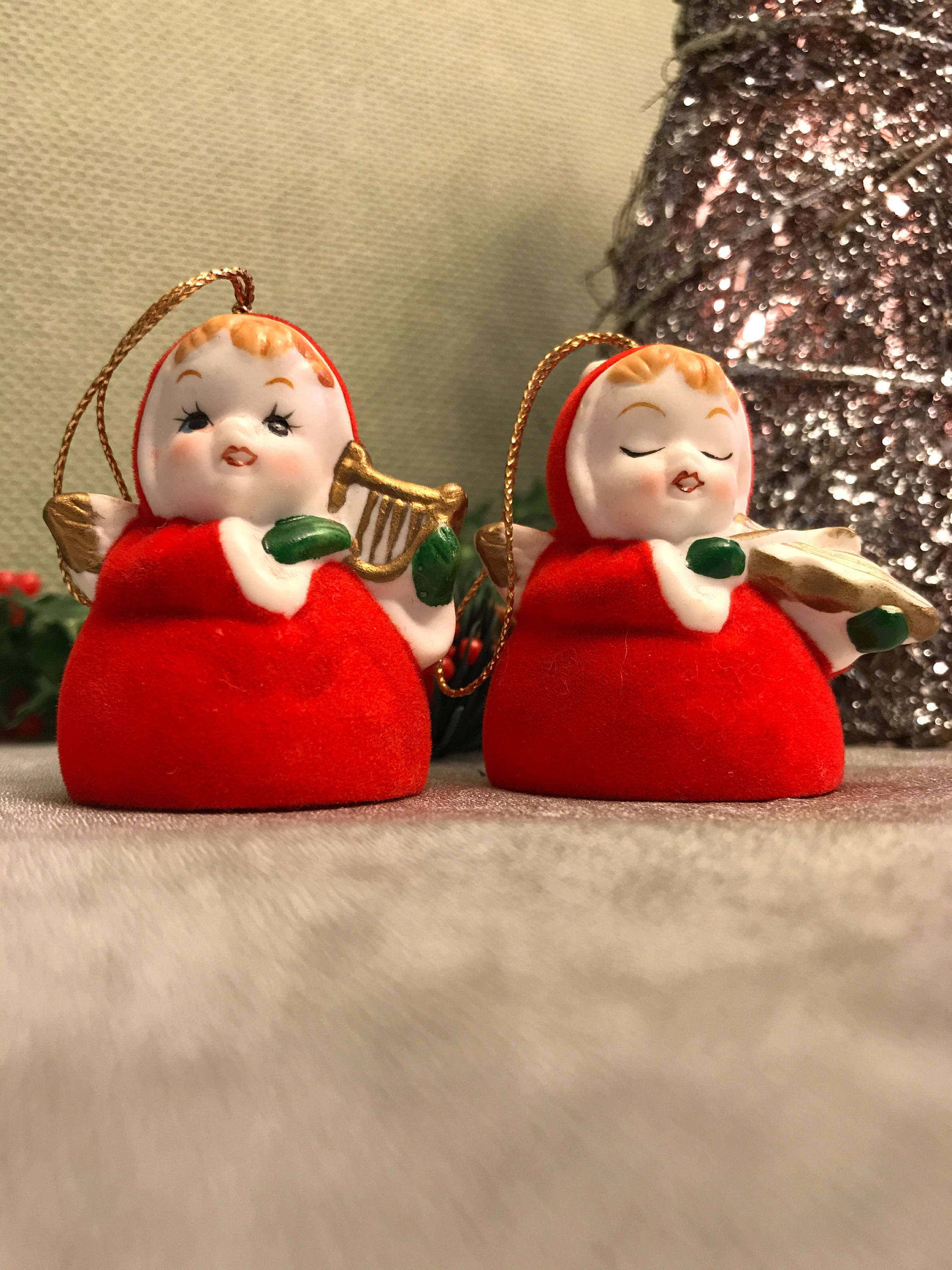 Vintage flocked Angel Bell Ornaments, Porcelain bell Angels, Red ...