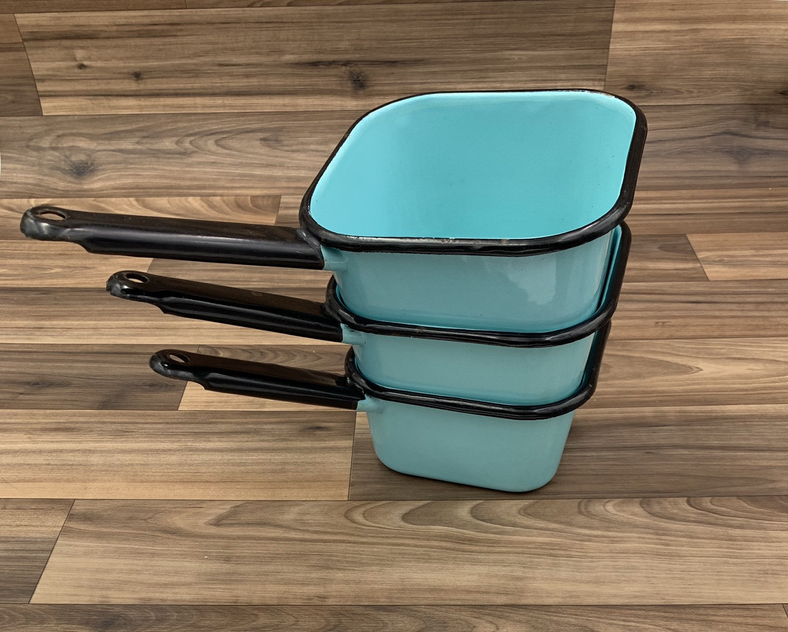 Vintage Square Enamelware sauce pan set, Aqua enamelware rustic ...