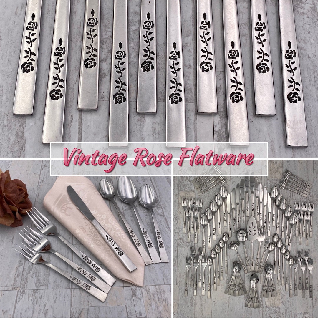 Vintage Rose Stainless Flatware Set Service for 10 - Etsy