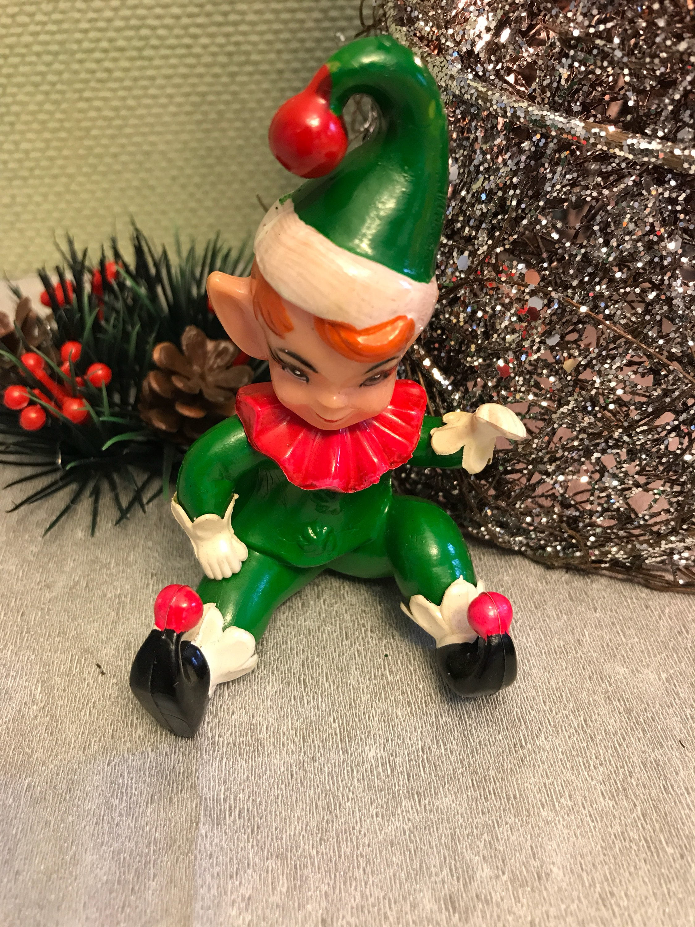 Vintage Pixie Elf, Green Rubber Christmas Elf, Pixie Elf, 1950s Shelf ...