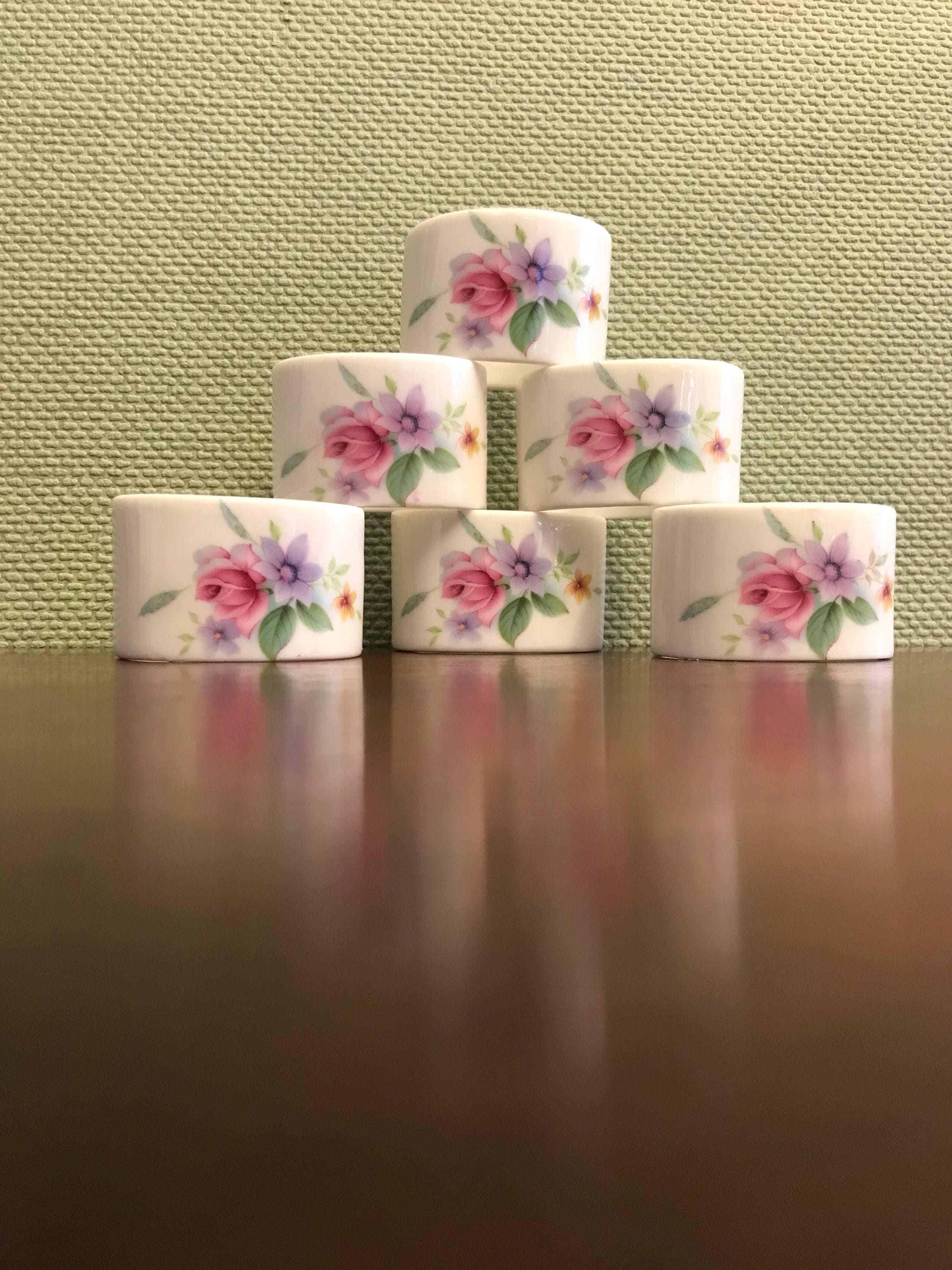 Vintage Porcelain Floral Napkin Rings, 6 piece set, D standing Napkin ...