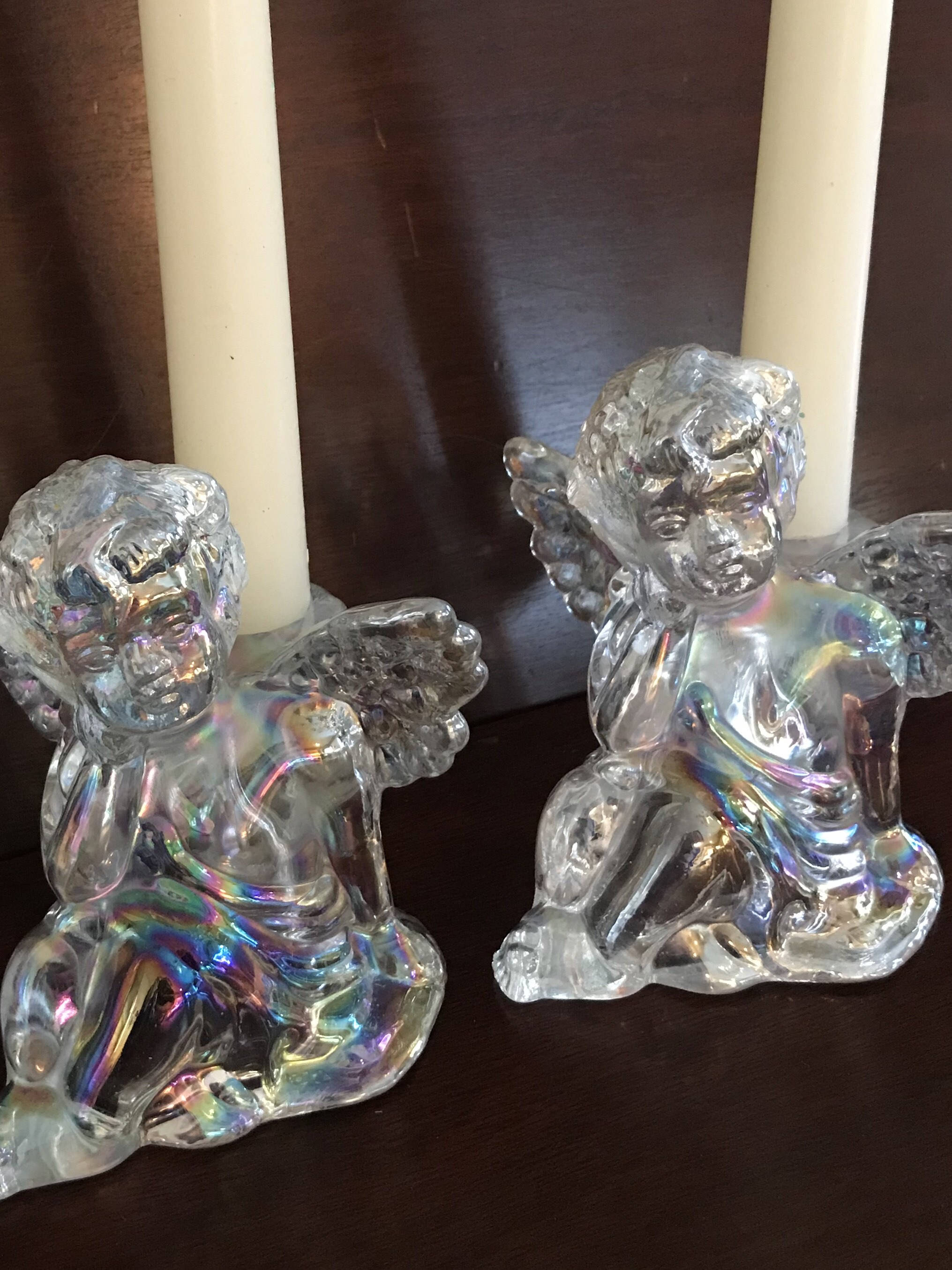 Vintage Cherub Candlestick Holders, Iridescent Glass Angel, Figural ...