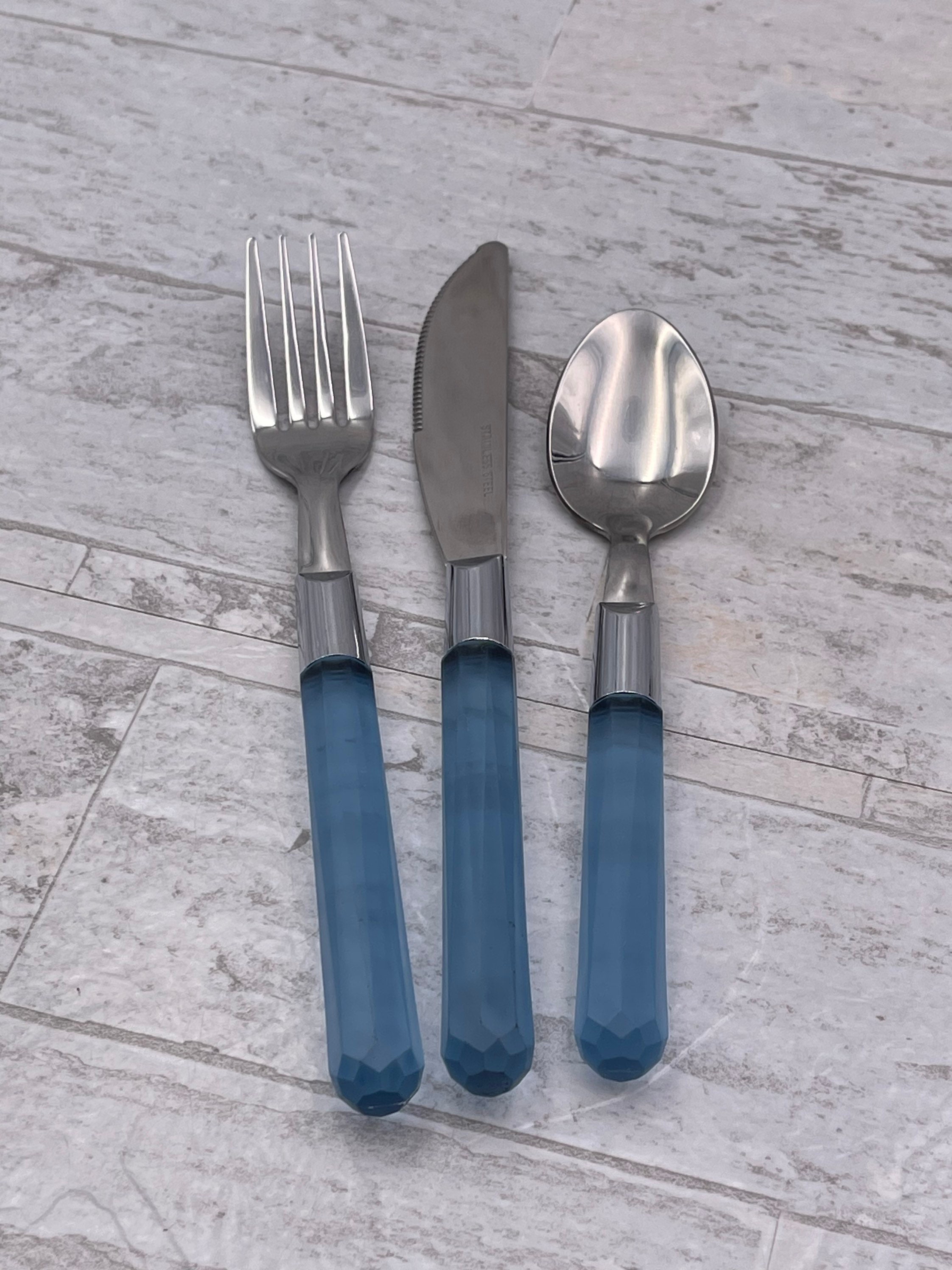 Vintage Stainless Flatware set, Blue Plastic Handles, Silverware Set ...