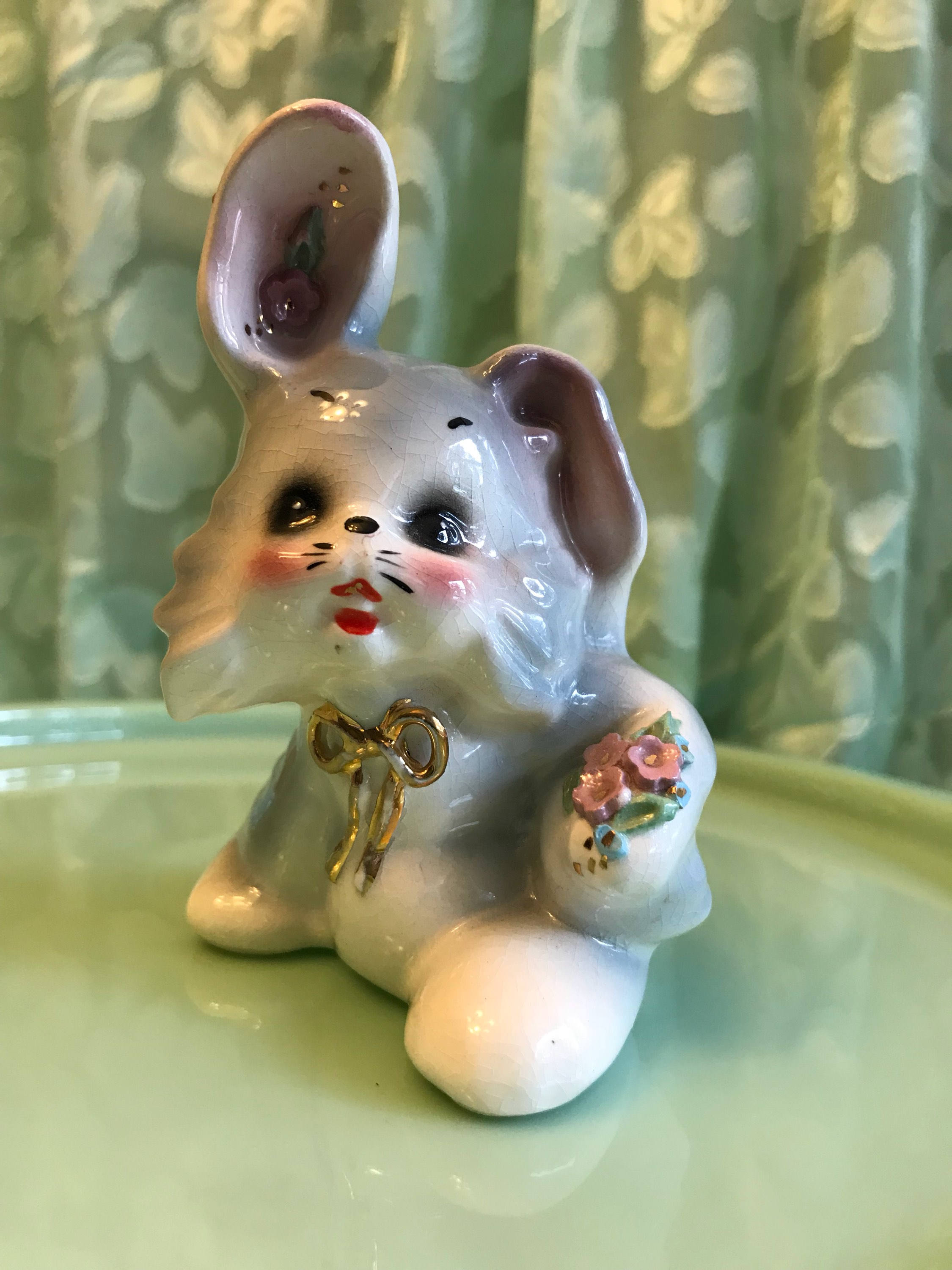 Porcelain Bunny Figurine, Figural gray and white Bunny with flowers ...