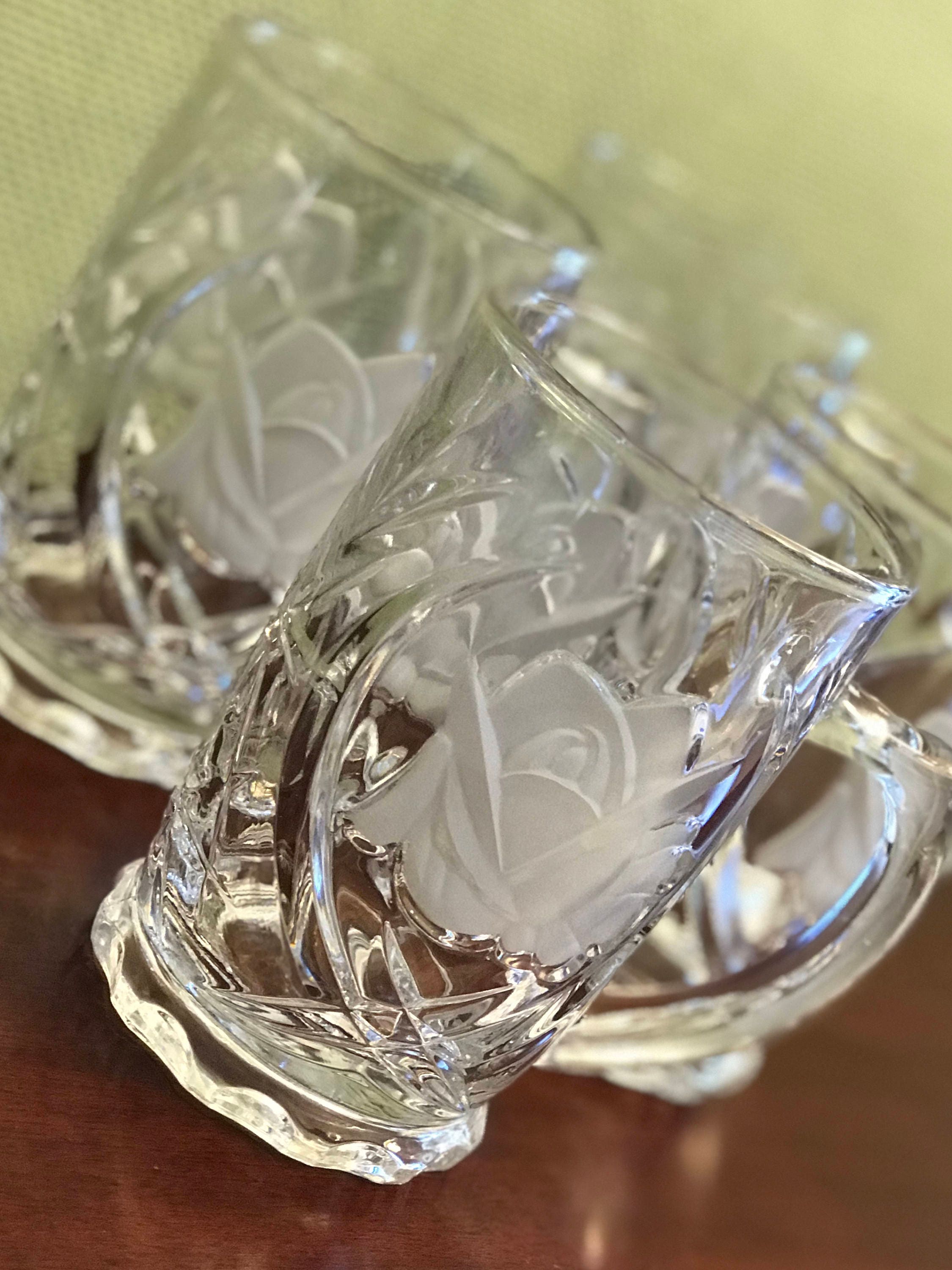 Mikasa Crystal Mugs, frosted glass Roses, 4 Crystal Mugs, Rose Pearls ...