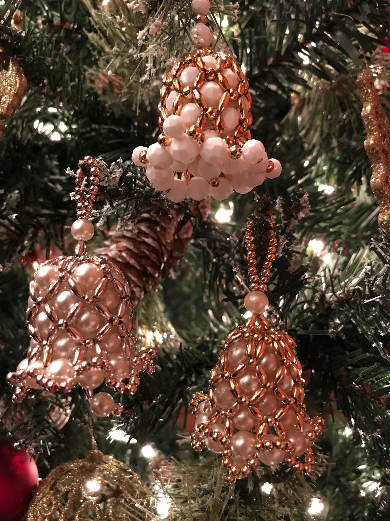 Vintage Bell Shaped Beaded Ornaments, Handmade Christmas Ornament,