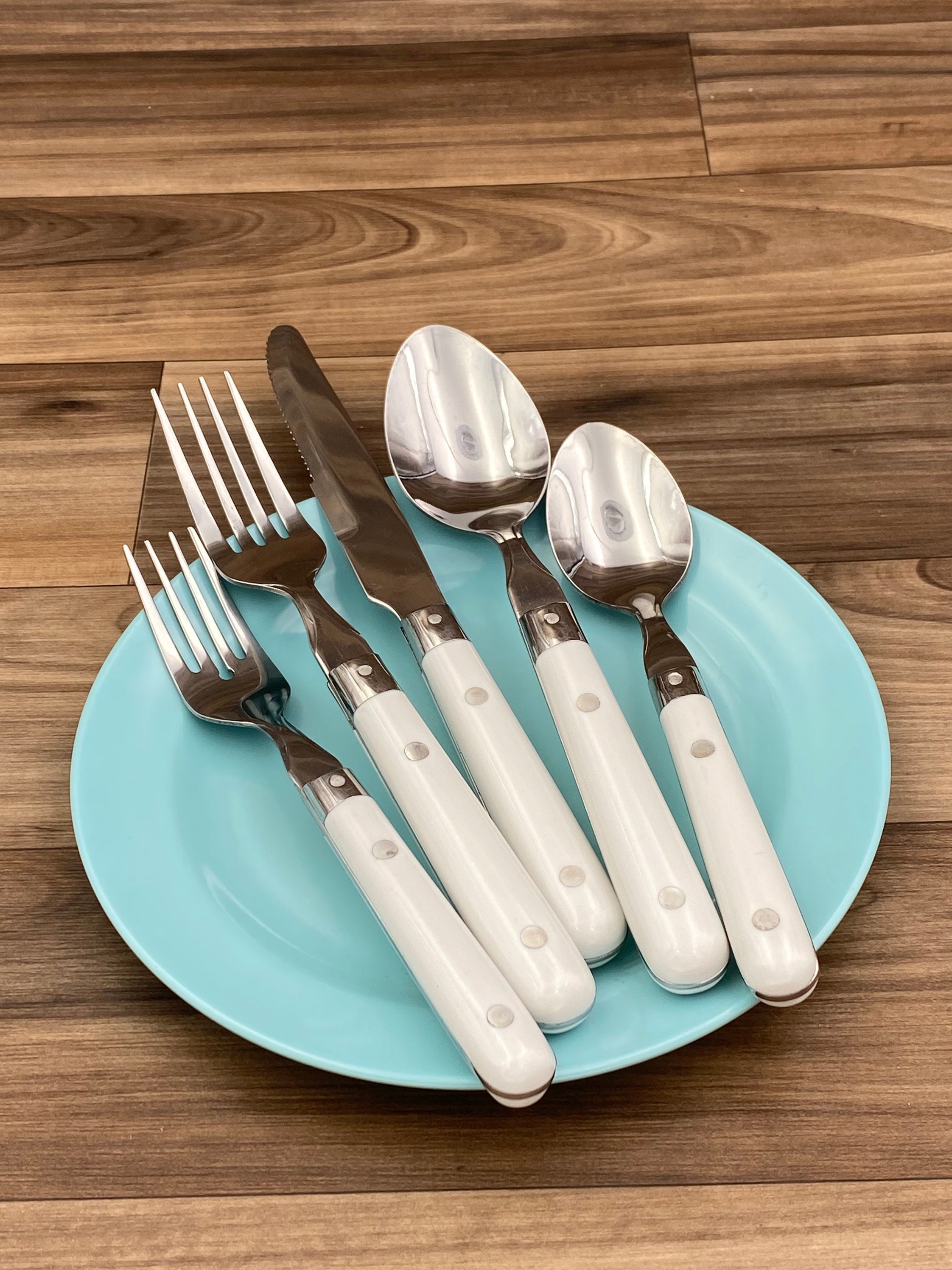Vintage Flatware set Stainless Steel with White Plastic handles, Paris ...