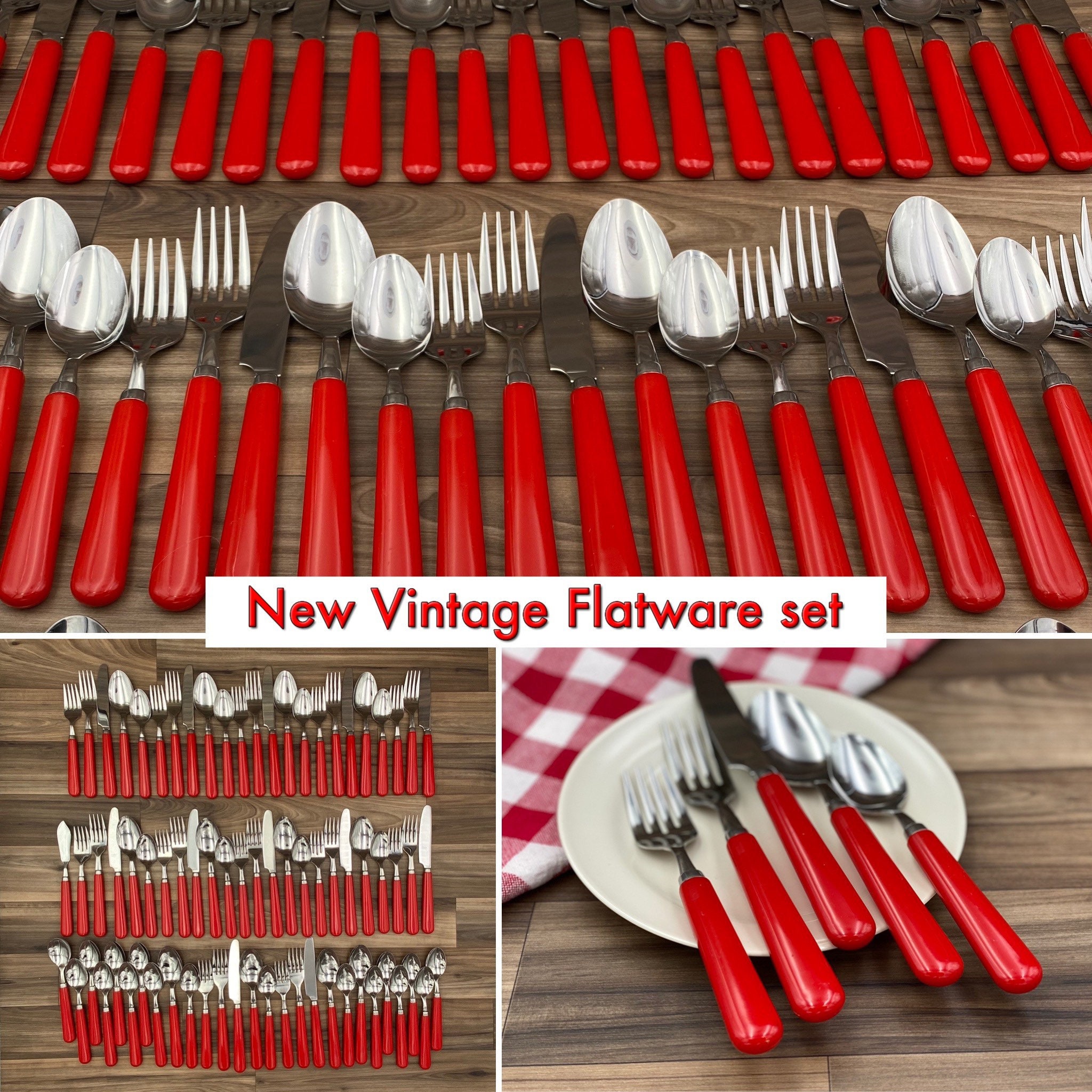 Vintage Flatware Set, Service for 12, Stainless Steel Red Handles ...