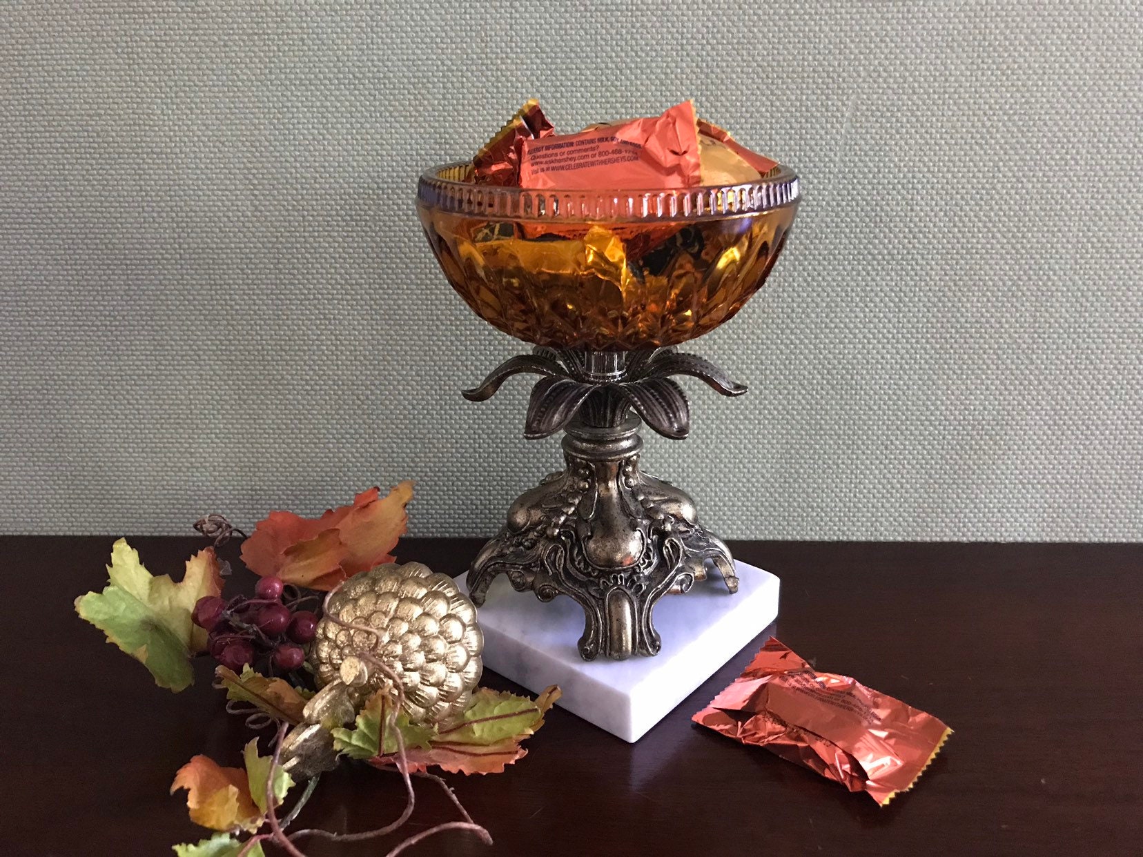 Hollywood Regency Candy Dish, Pressed Amber glass Candy dish on Marble ...