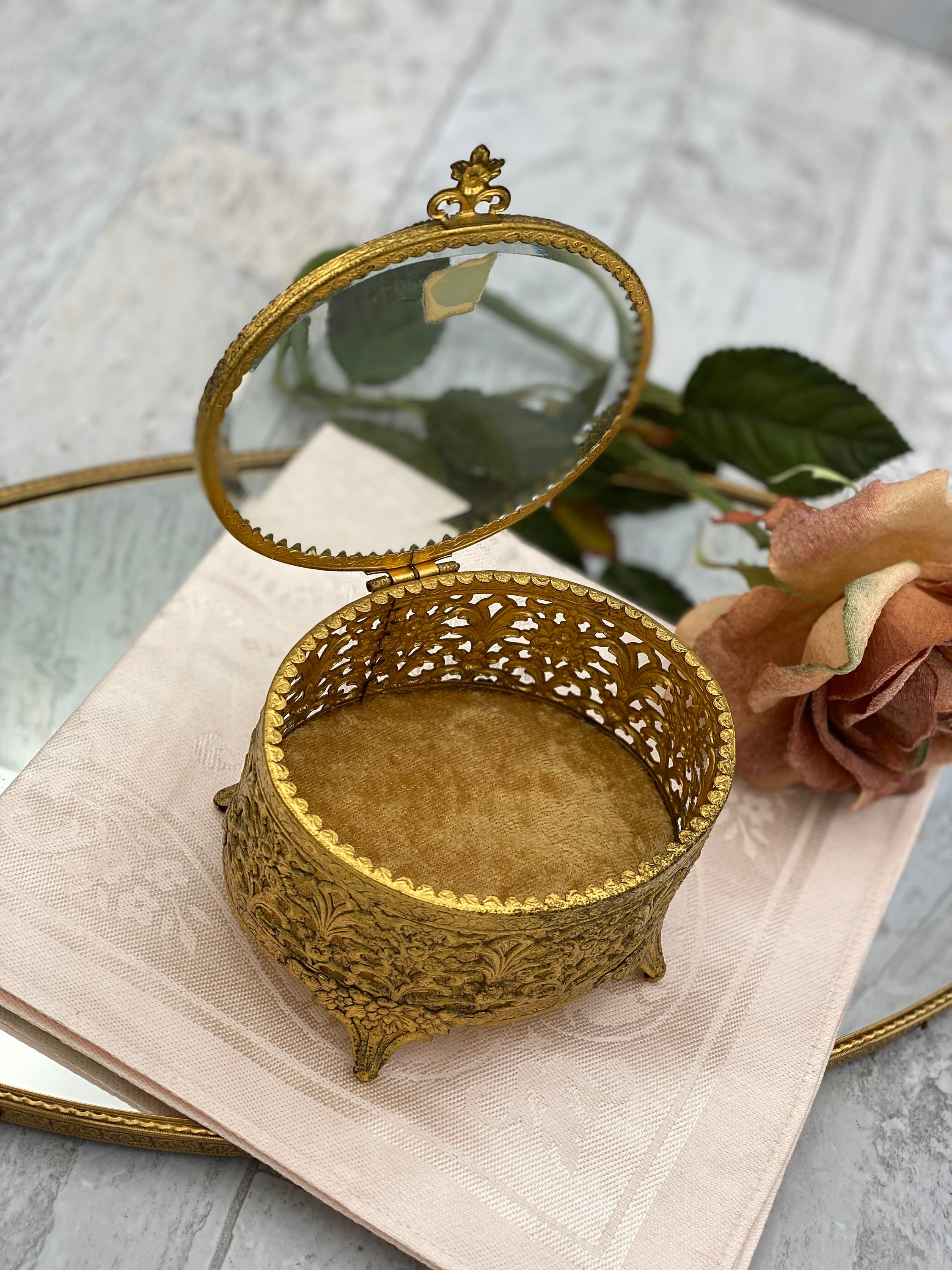 Vintage Jewelry Box, Gold Plated filigree Trinket Box, Glass Lid ...