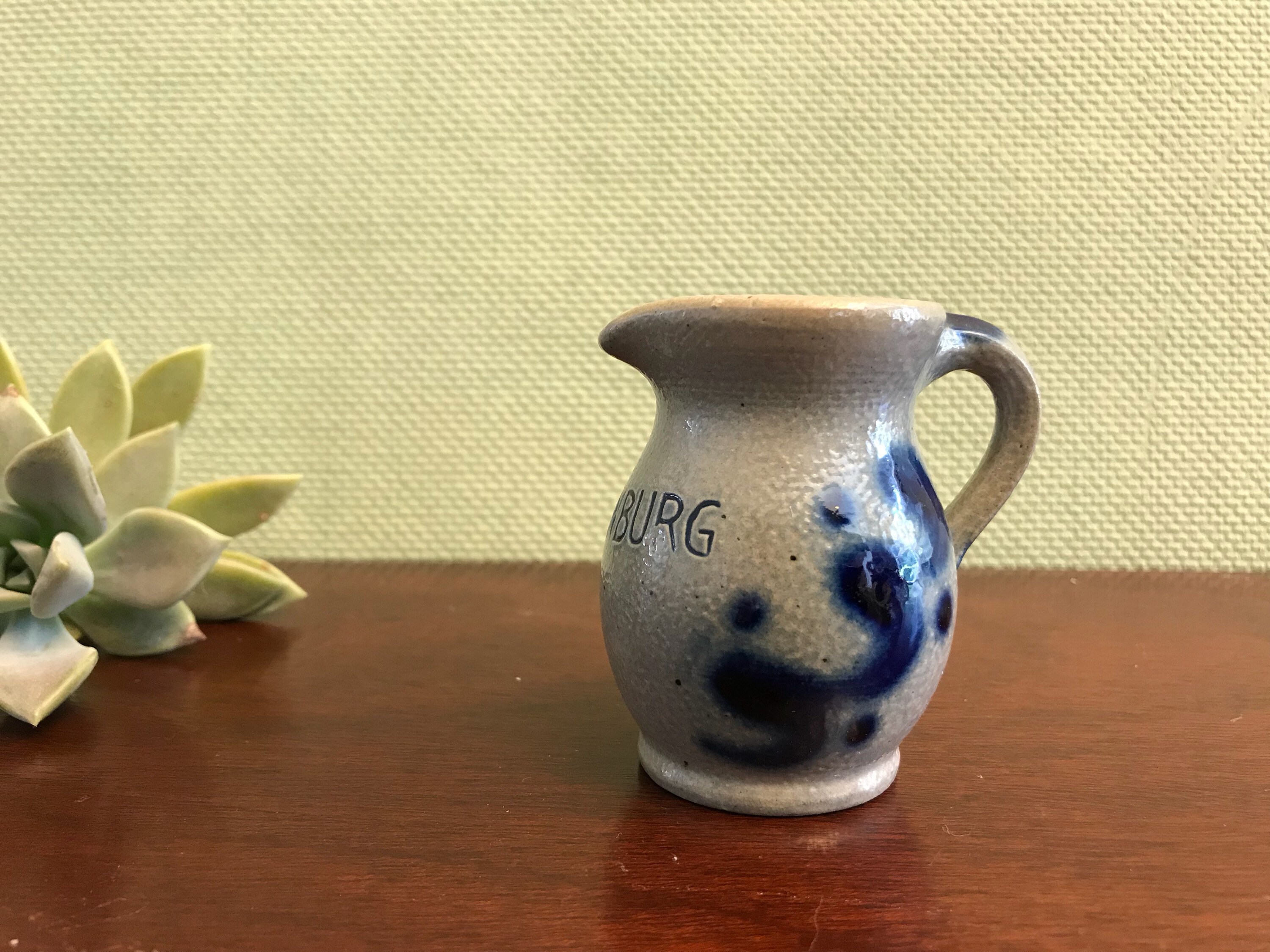 Miniature Ceramic Blue Pitcher Hachenburg Germany, Blue salt glaze Folk ...