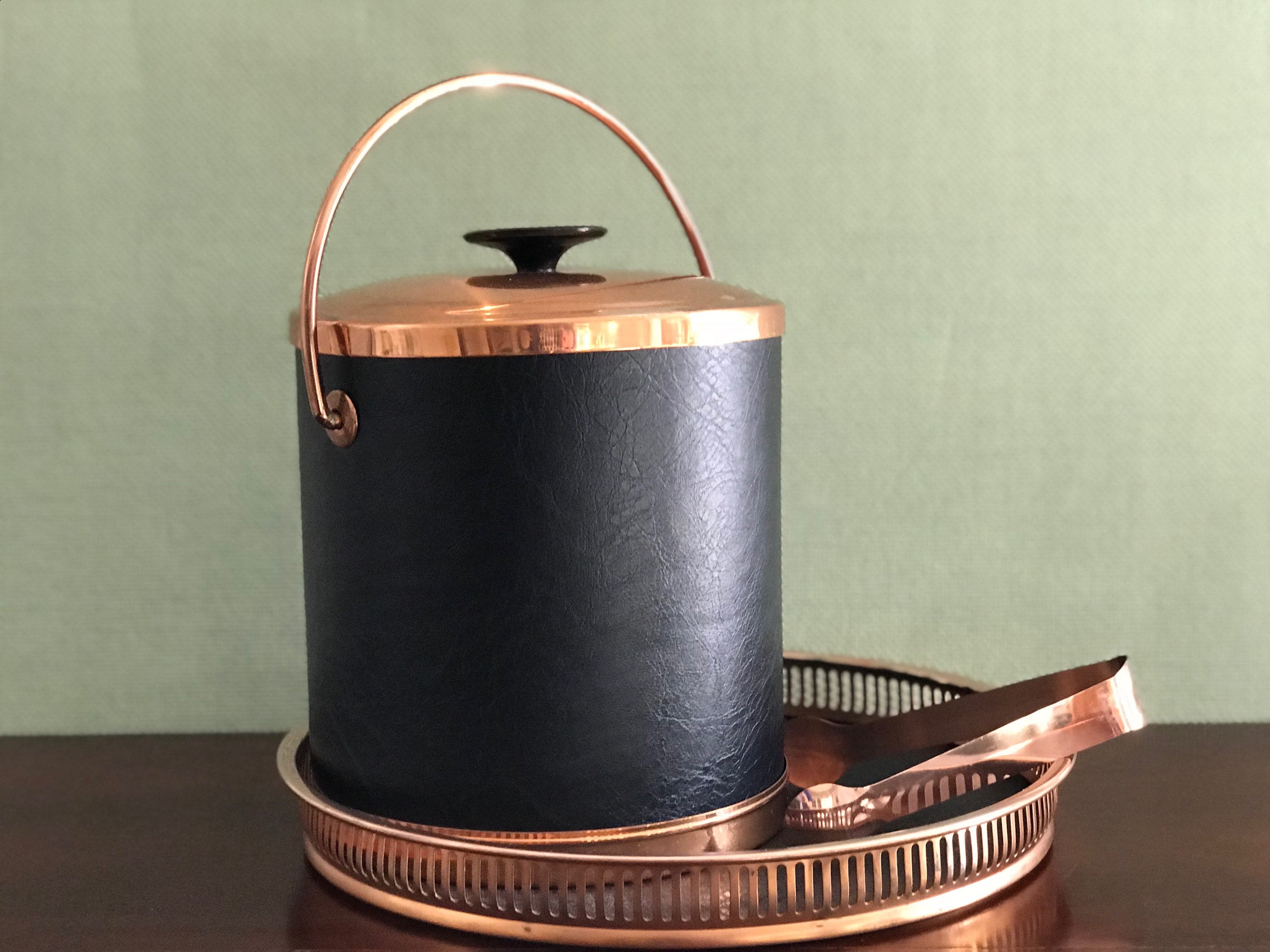 MCM Ice Bucket Black Leatherette Copper Ice Bucket Set Copper tray Mid ...