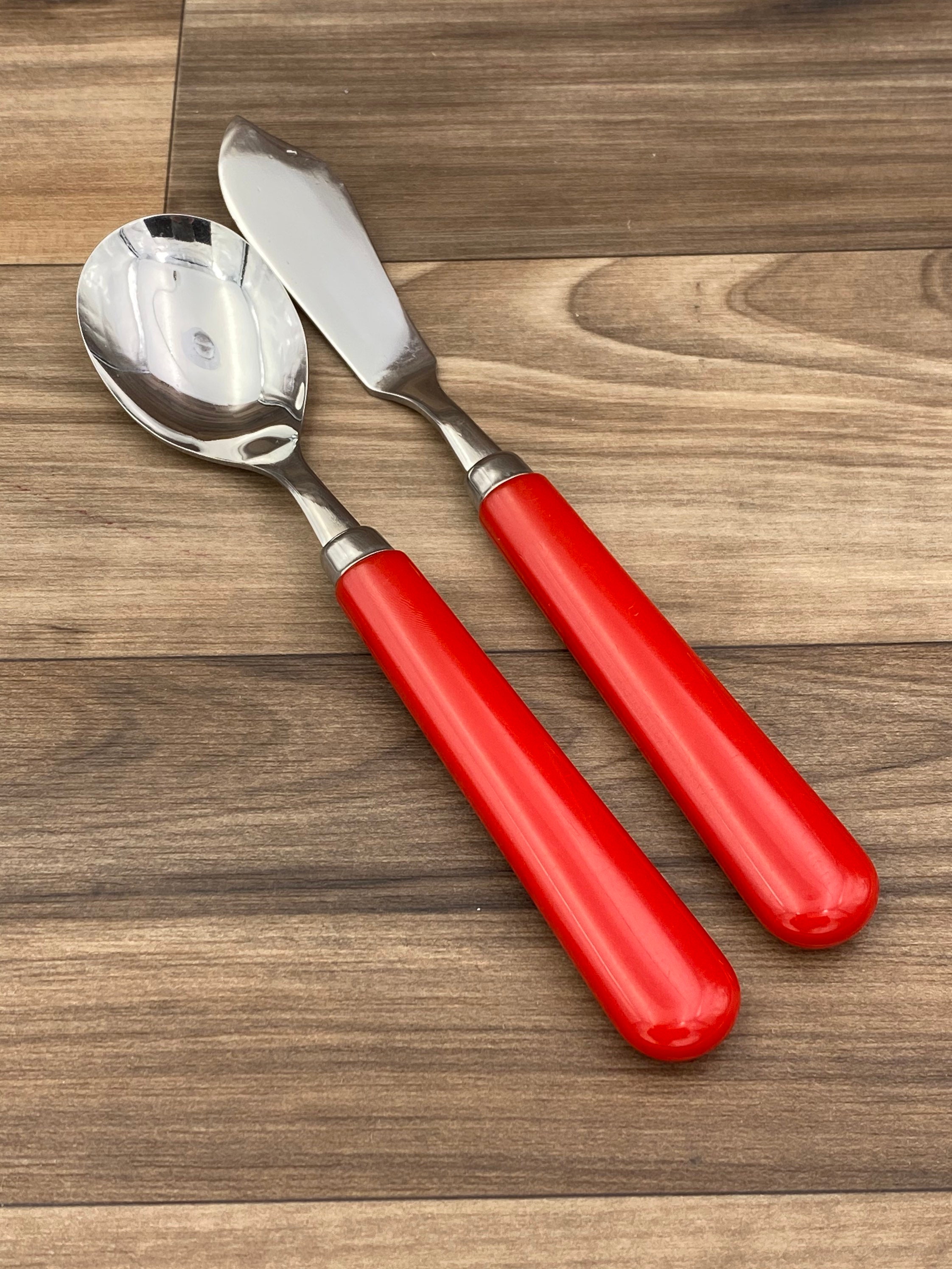 Vintage Flatware Set, Service for 12, Stainless Steel Red Handles ...