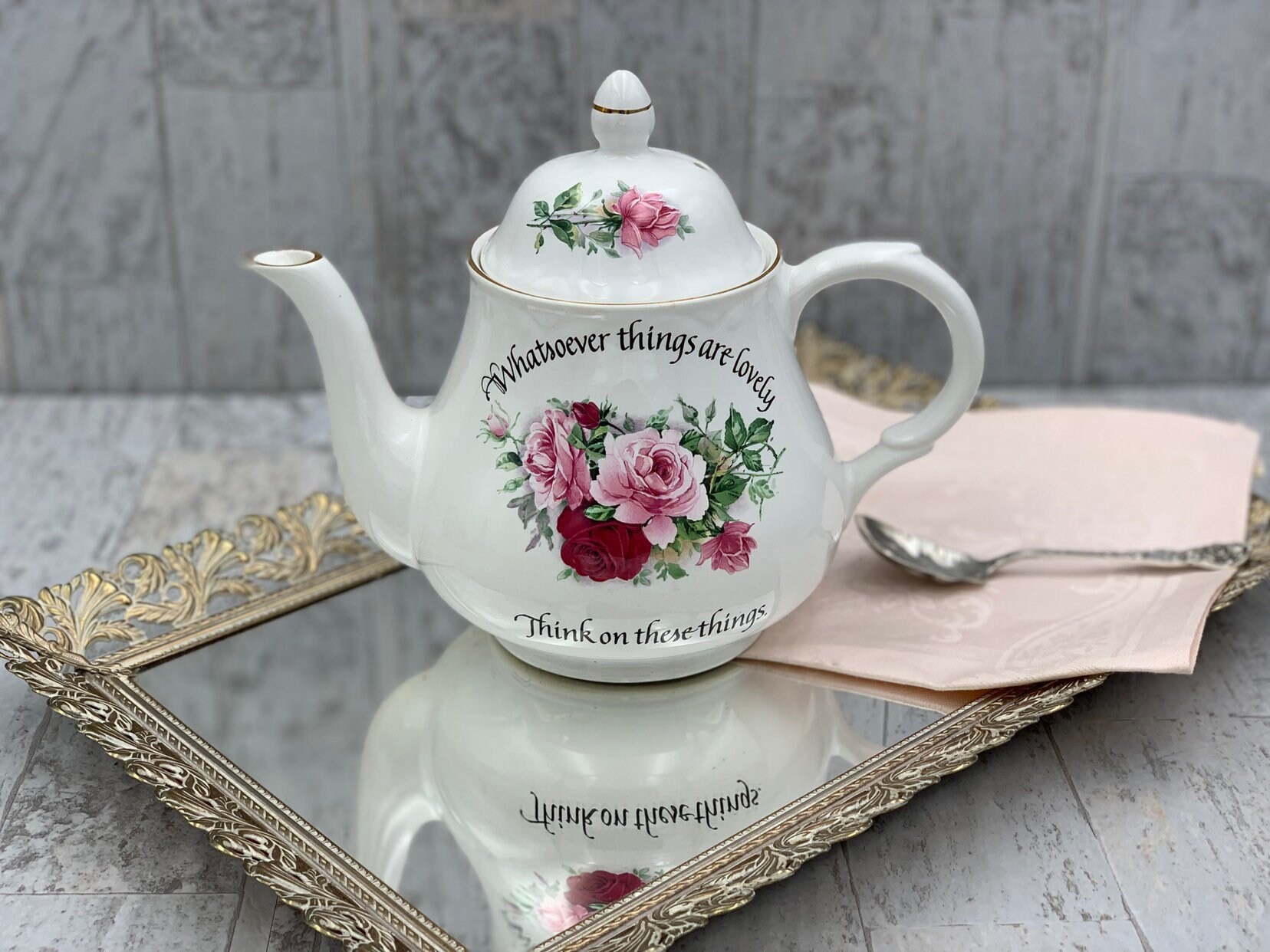 Vintage Rose Teapot, China teapot with Scripture, Pink Rose teapot, Tea ...