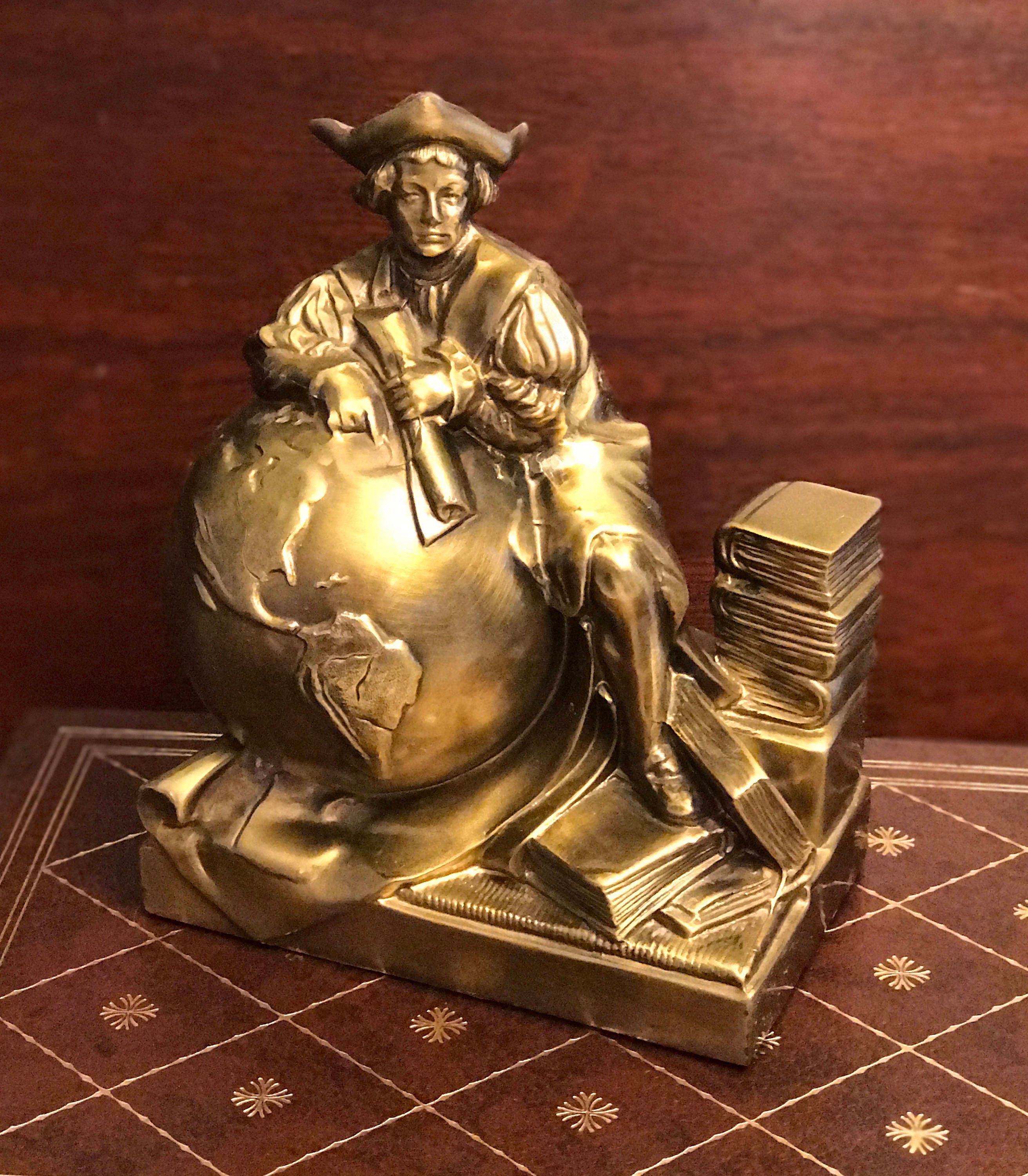 Vintage Bronze Bookends of Columbus and Globe, PM Craftsman Bookends ...