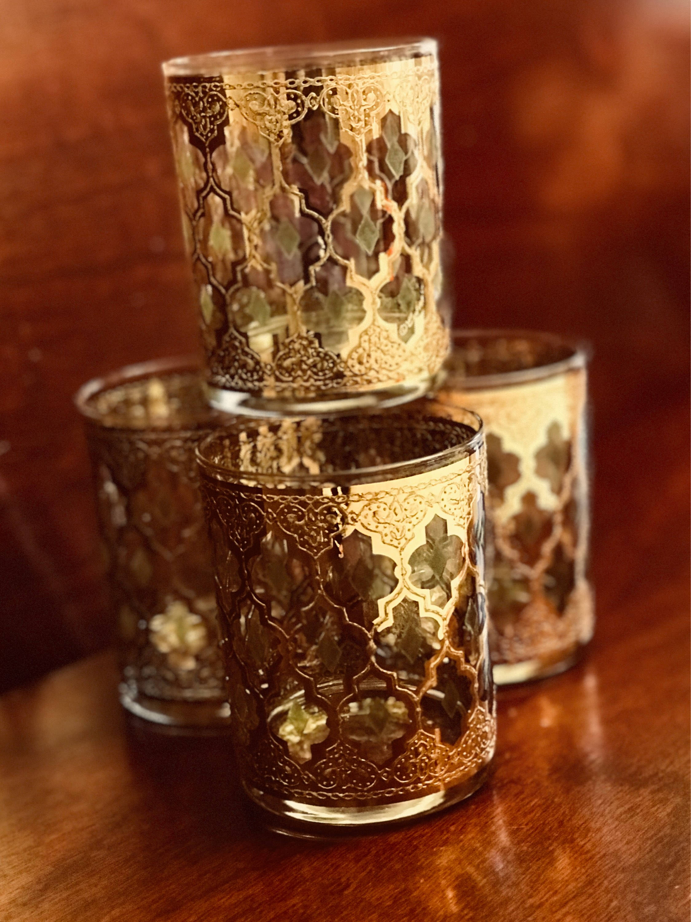 Vintage Culver Glasses, Valencia 22k Gold Embossed Glasses, Green Jewel ...