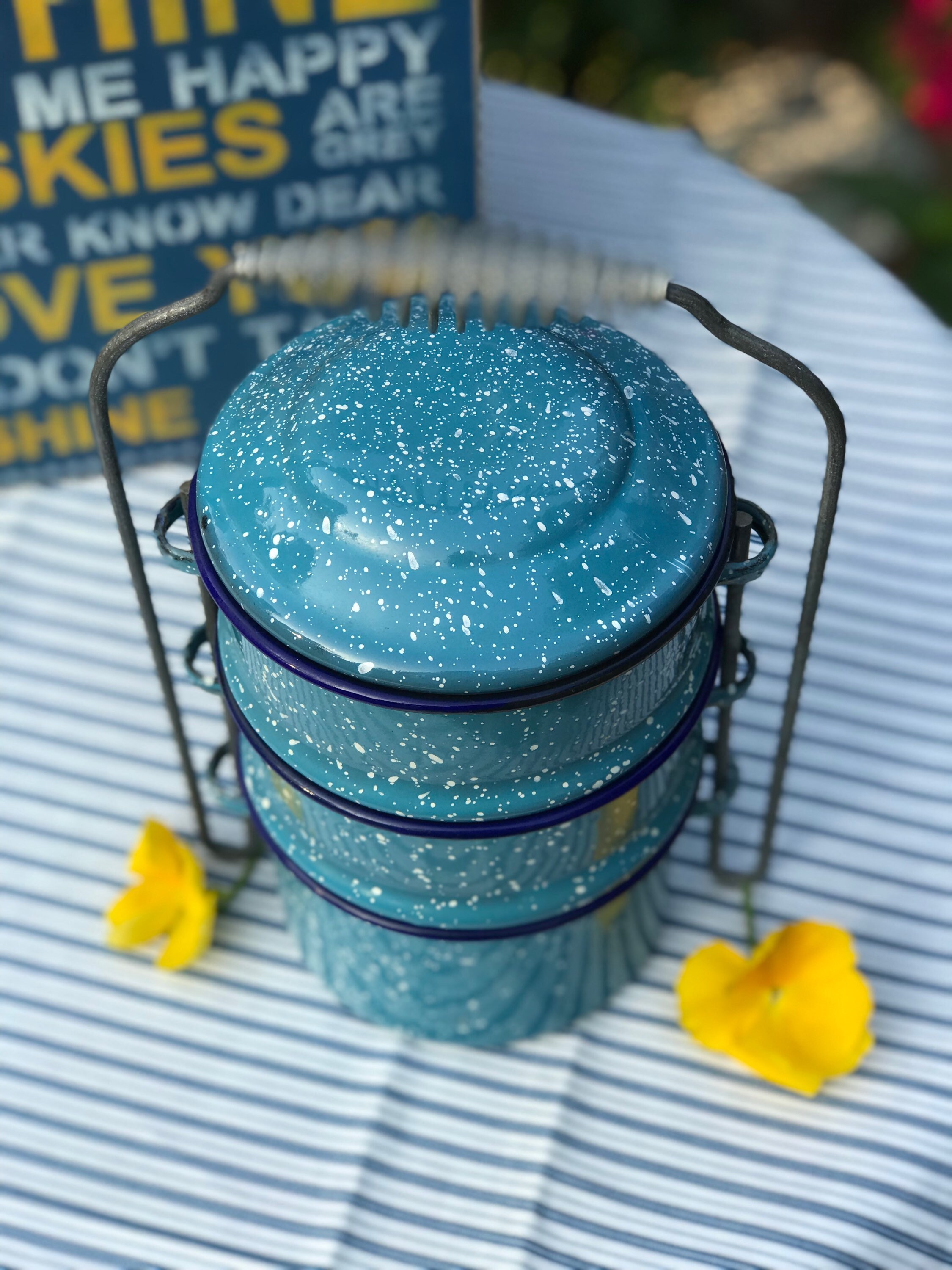 Vintage Turquoise Navy Graniteware lunch box, Enamelware Stacking ...