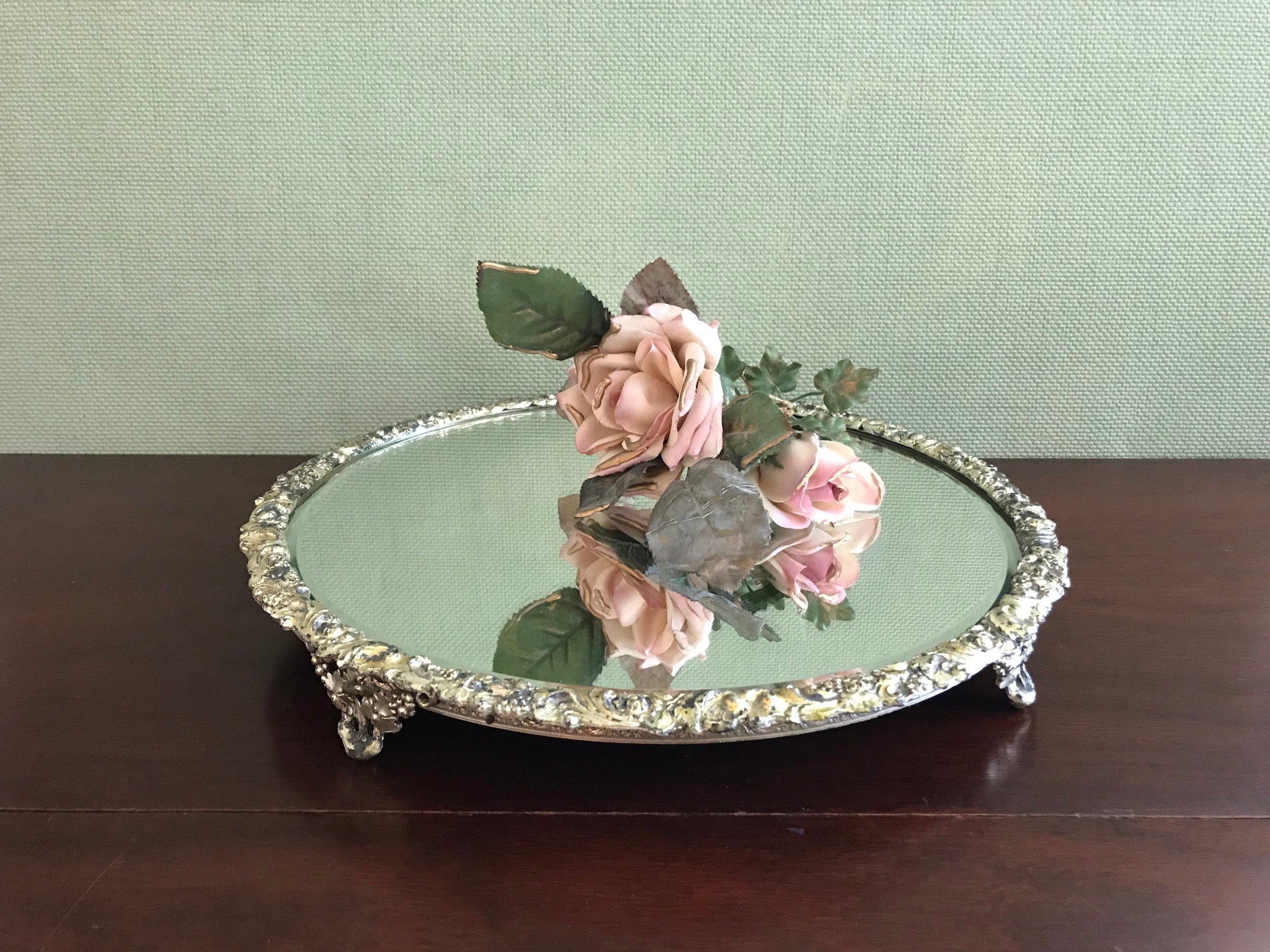 Mirror Cake Stand, Ornate Gold Gilt mirrored Cake plate, Beveled mirror ...