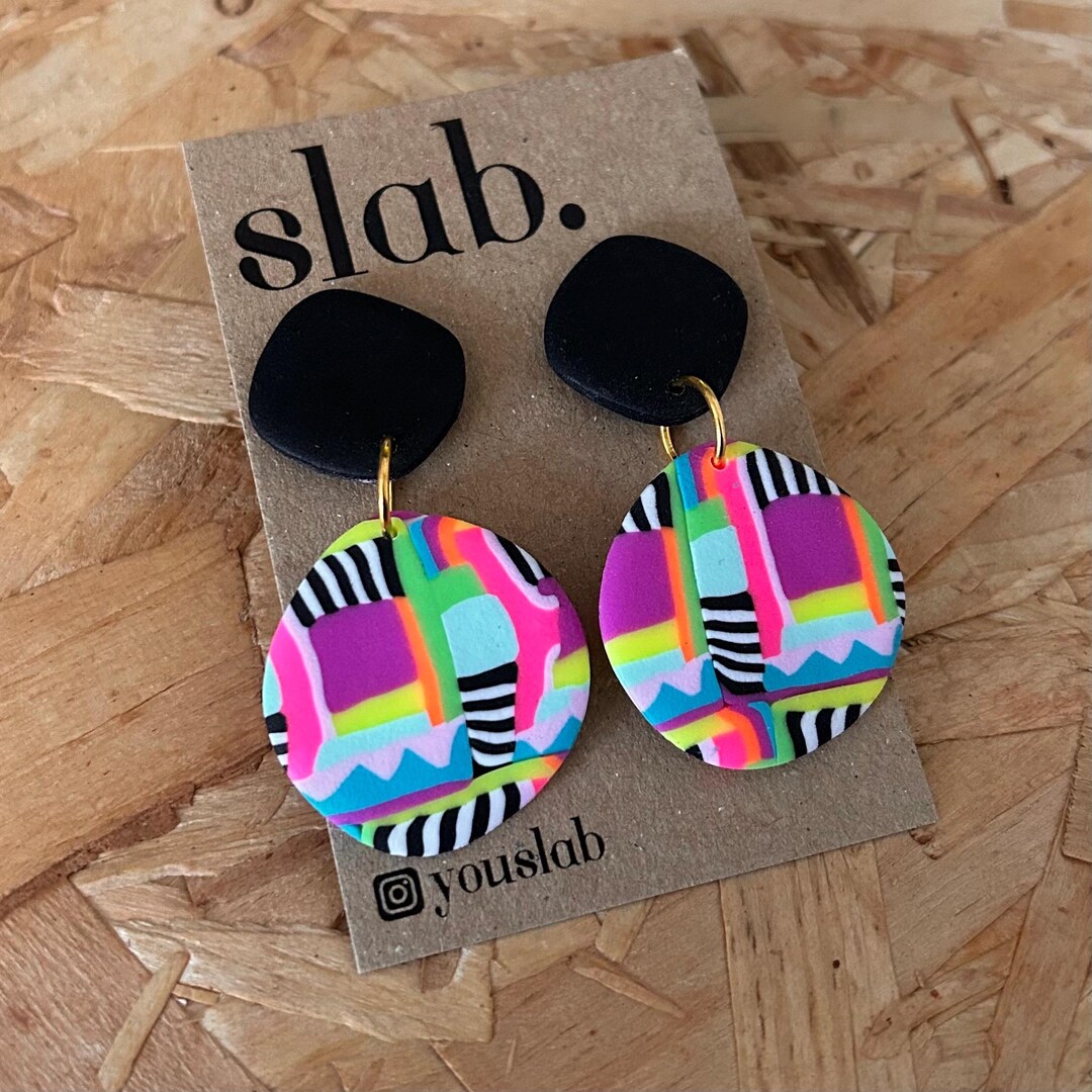 Polymer Clay Drop Earrings: Neon Slab Design, Handmade - Etsy