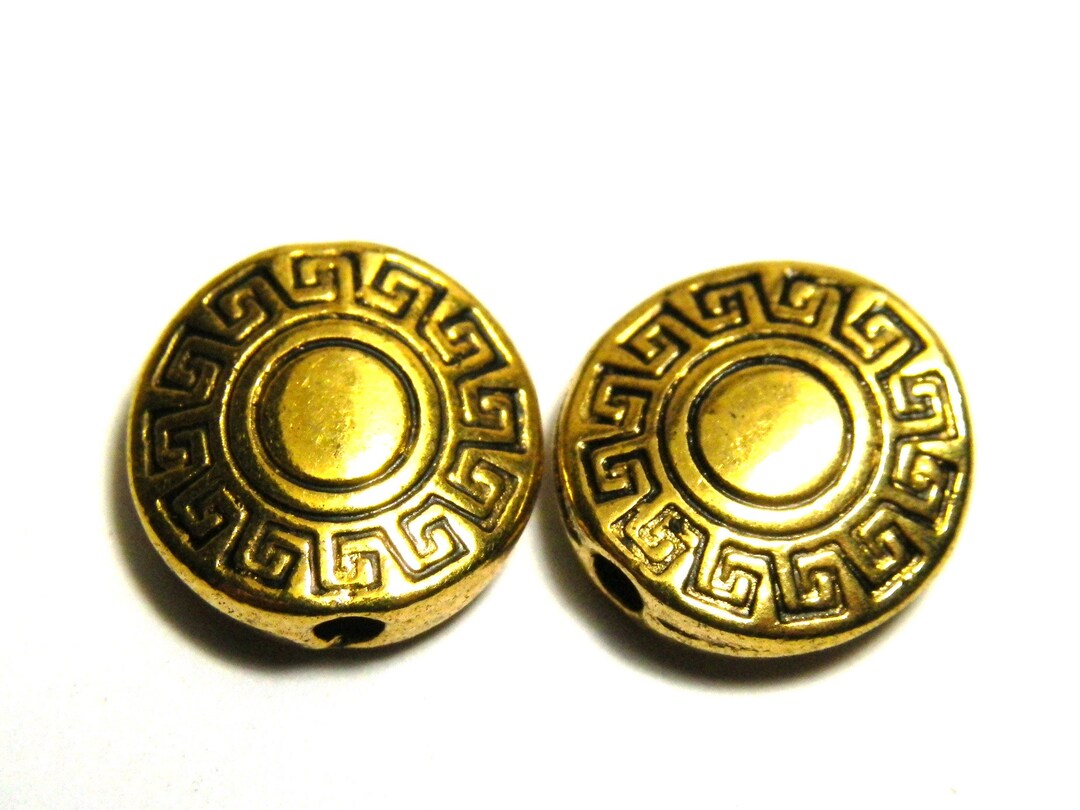 Flat Round Tibetan Paddle Beads, Coin Metal Beads With Meander Pattern ...
