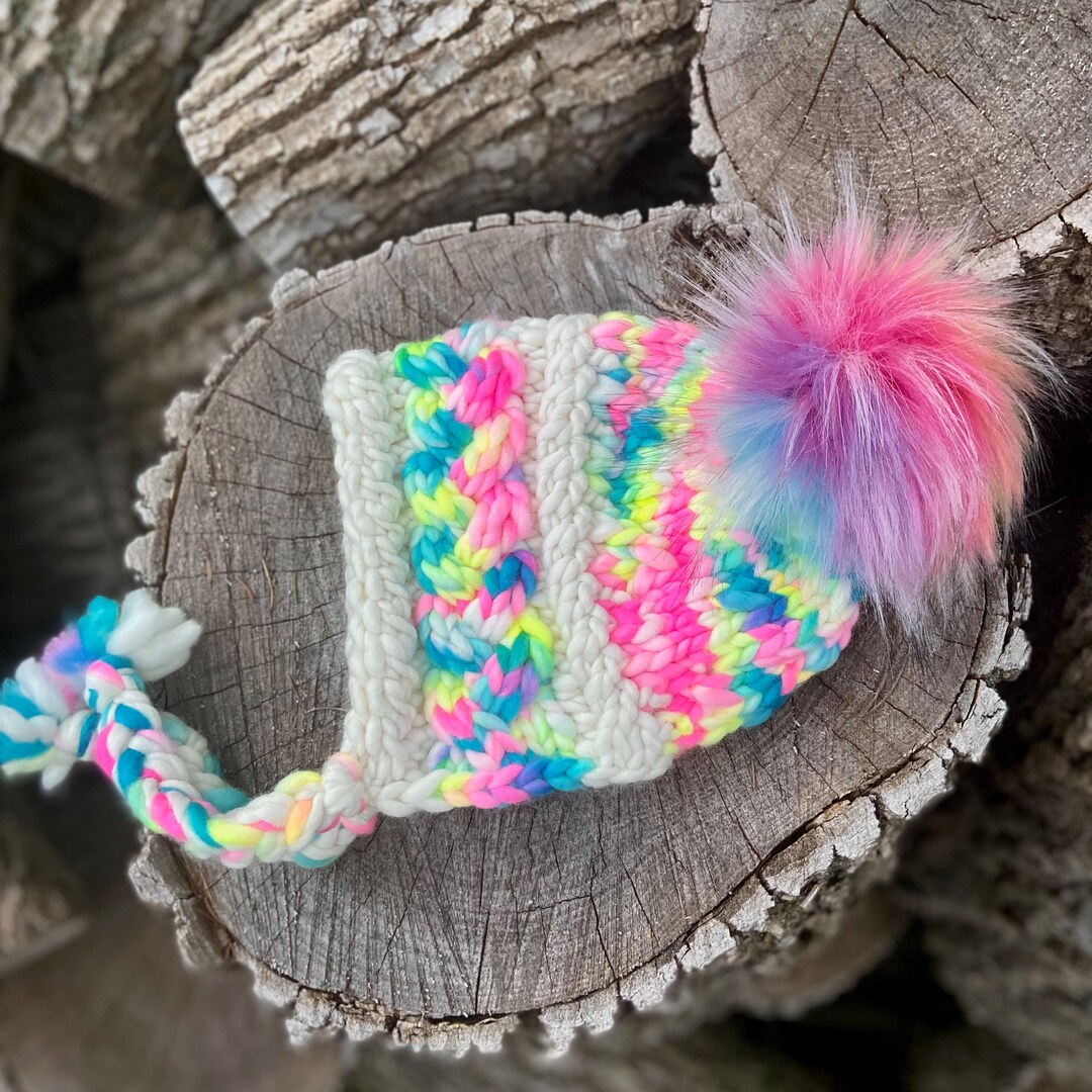 BABY Hand Knit LUXURY Merino Wool Hat With Faux Fur Pom, 12-24 Month ...