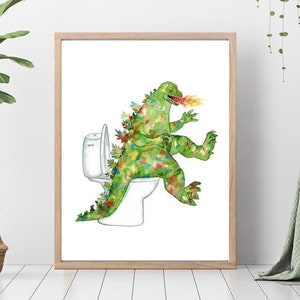 Godzilla Toilet Painting Wall Poster Watercolor Art Decor Print Pet ...