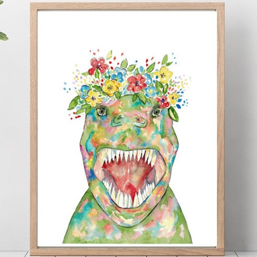 T-rex Princess Fairy Dinosaur Painting Watercolour Dino Trex - Etsy