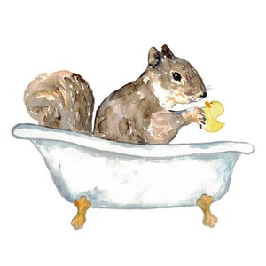 Squirrel Taking Bath Watercolor Painting Print Art Bathroom Room ...