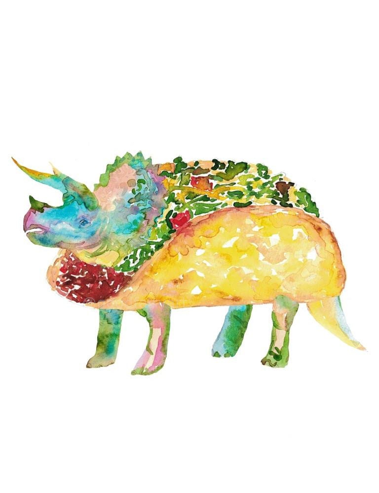 Triceratops Taco Dinosaur Painting Watercolour Dino Mexican Food Wall ...