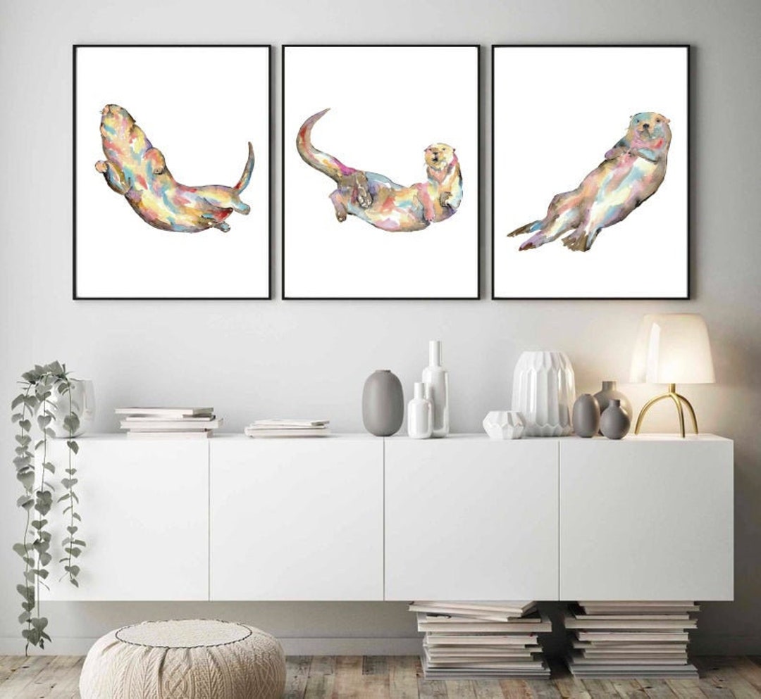 Set of 3 Otter Watercolor Painting Print Art Whale Fish Animal ...