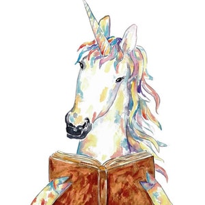 Unicorn Reading Book Watercolor Painting Print Art Wall Poster Decor ...