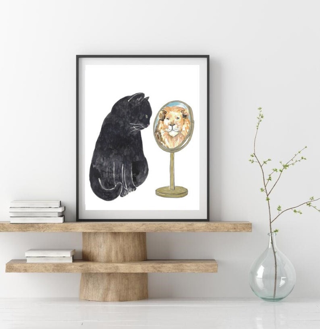 Black Cat Looking in Mirror Painting Wall Poster Watercolor Art Decor ...