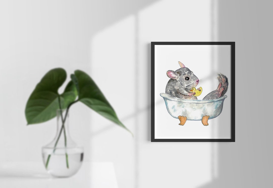 Chinchilla Taking Bath Watercolor Painting Print Art Bathroom Room ...