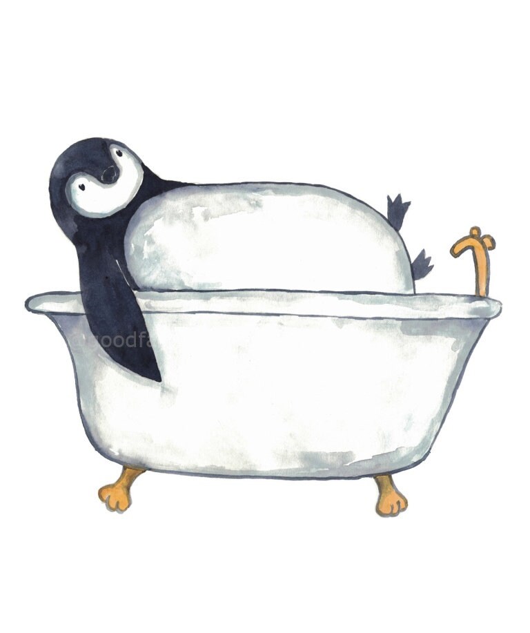 Penguin Taking Bath Watercolor Painting Print Art Bathroom Room ...