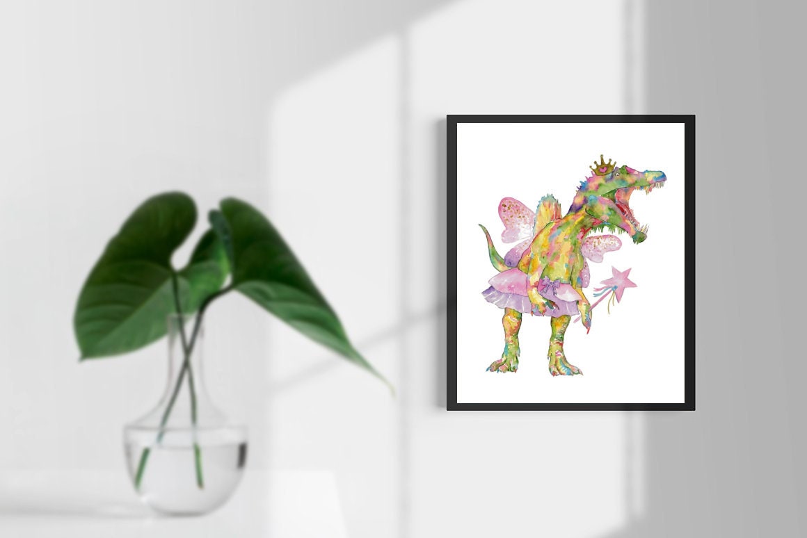 T-rex Princess Fairy Dinosaur Painting Watercolour Dino Trex | Etsy