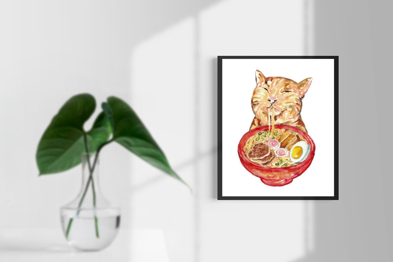 Cat Eating Noodles Painting Kitchen Wall Poster Watercolor Art ...