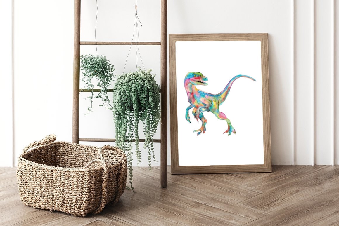 Velociraptor Dinosaur Painting Watercolour Dino Blue Raptor Wall Art ...