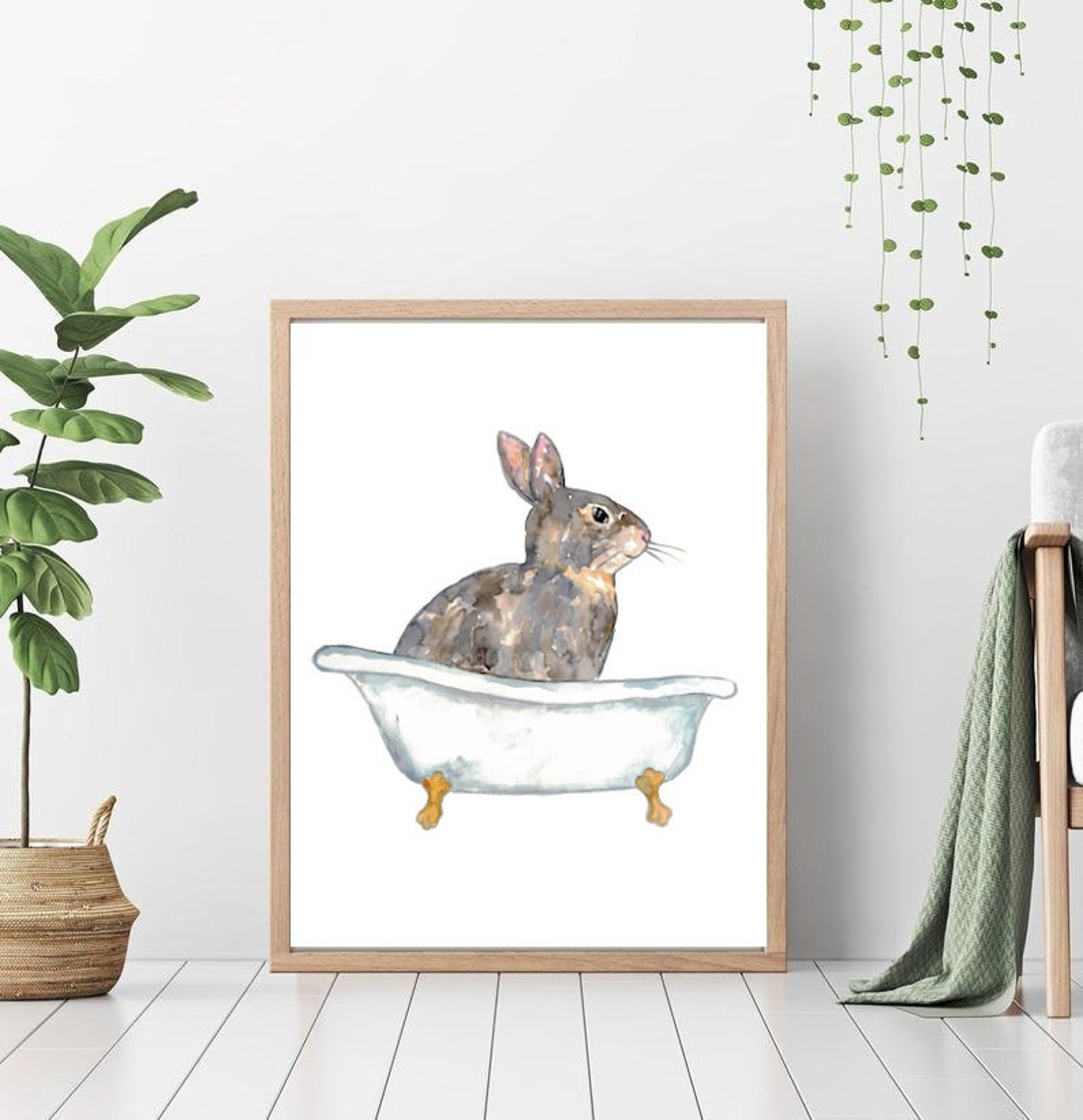 Rabbit Taking Bath Watercolor Painting Print Art Bunny Bathroom Room ...