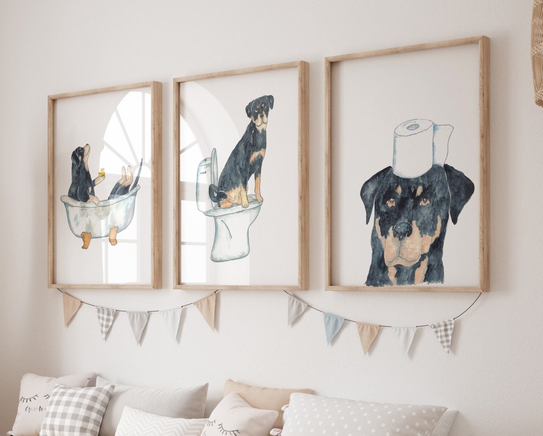 Set of 3 Rottweiler Dog Toilet Painting Wall Poster Watercolor Art ...