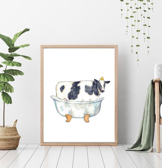 Cow Taking Bath Watercolor Painting Print Art Bathroom Room - Etsy