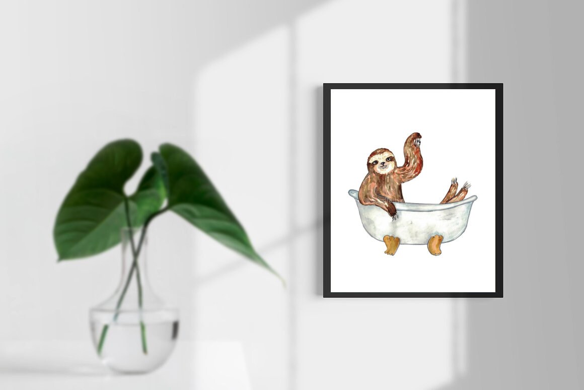 Sloth Taking Bath Watercolor Painting Print Art Bathroom Room Washroom ...