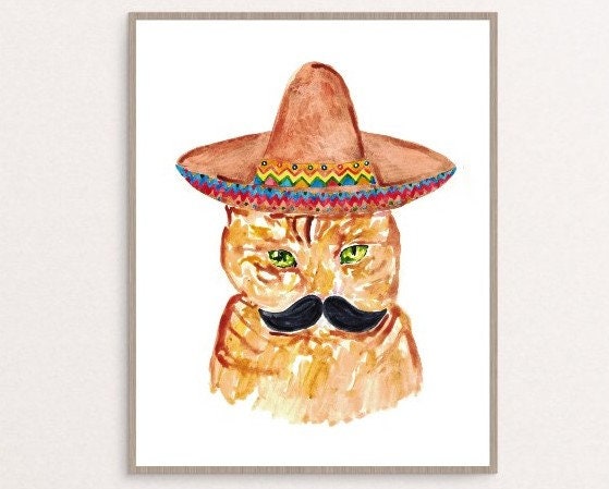 Mexican Cat Painting Kitchen Wall Poster Watercolor Art | Etsy