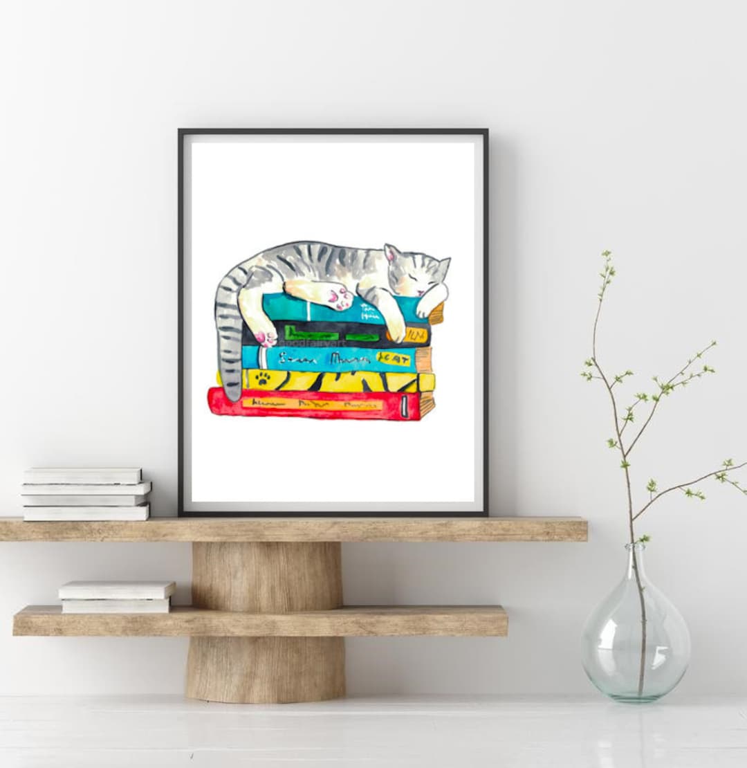 Gig Tabby Cat Reading Book Library Painting Wall Poster Watercolor Art ...