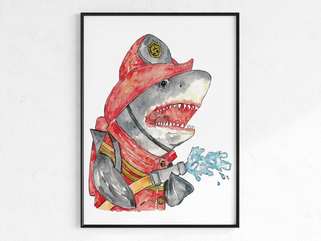 Shark Firefighter Watercolor Painting Print Art Room Sea Life Nautical ...