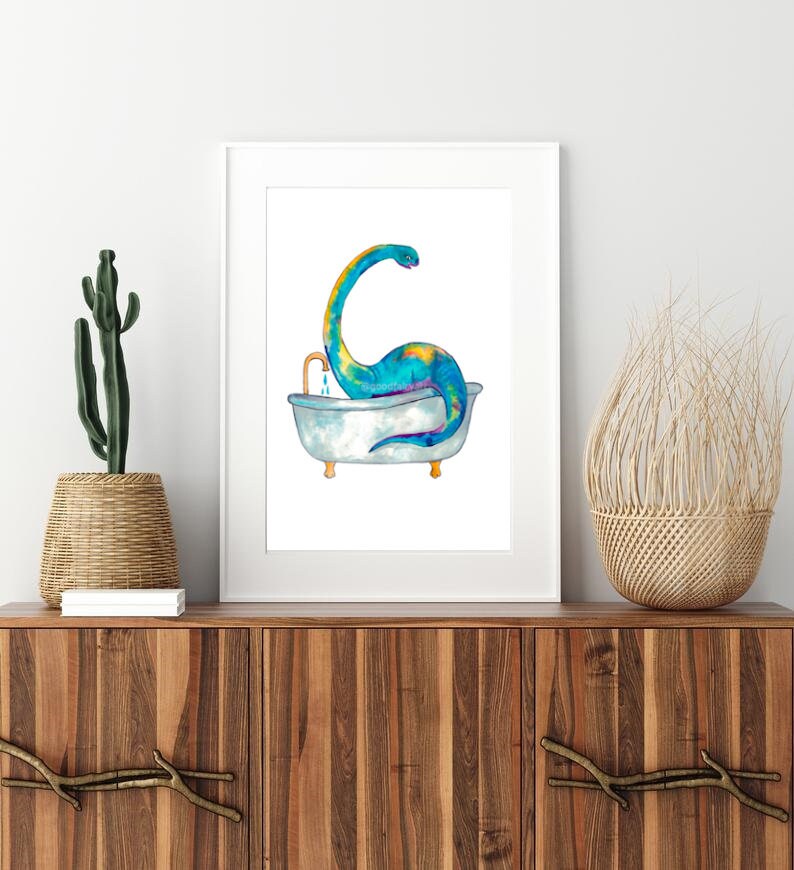Brontosaurus Taking Bath Dinosaur Painting Watercolour Dino Bathroom ...