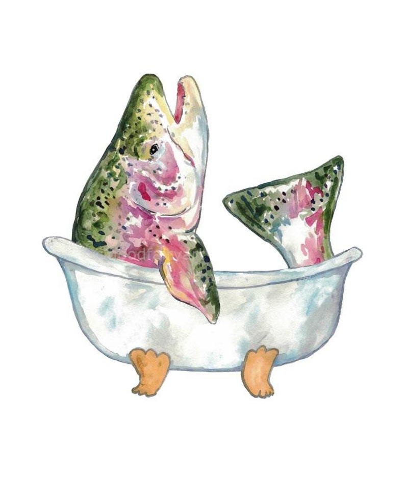Fish Trout Taking Bath Watercolor Painting Print Art Bathroom Room ...