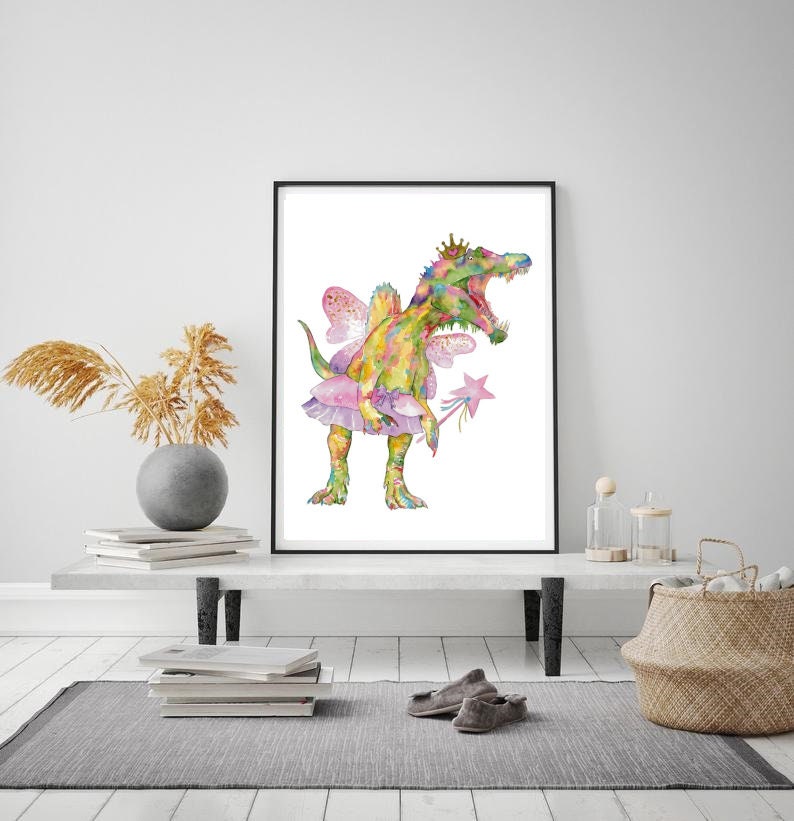 T-rex Princess Fairy Dinosaur Painting Watercolour Dino Trex Pink Wall ...