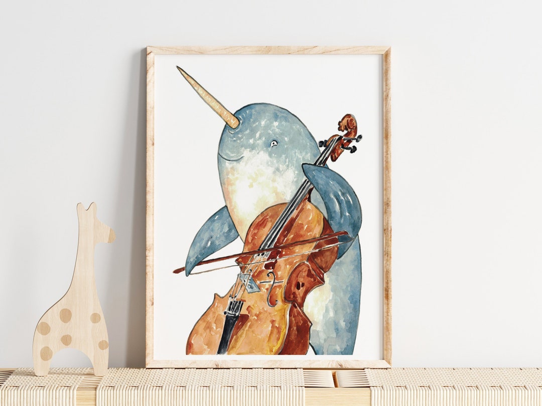 Narwhal Cello Player Watercolor Painting Print Art, Illustration Whale ...