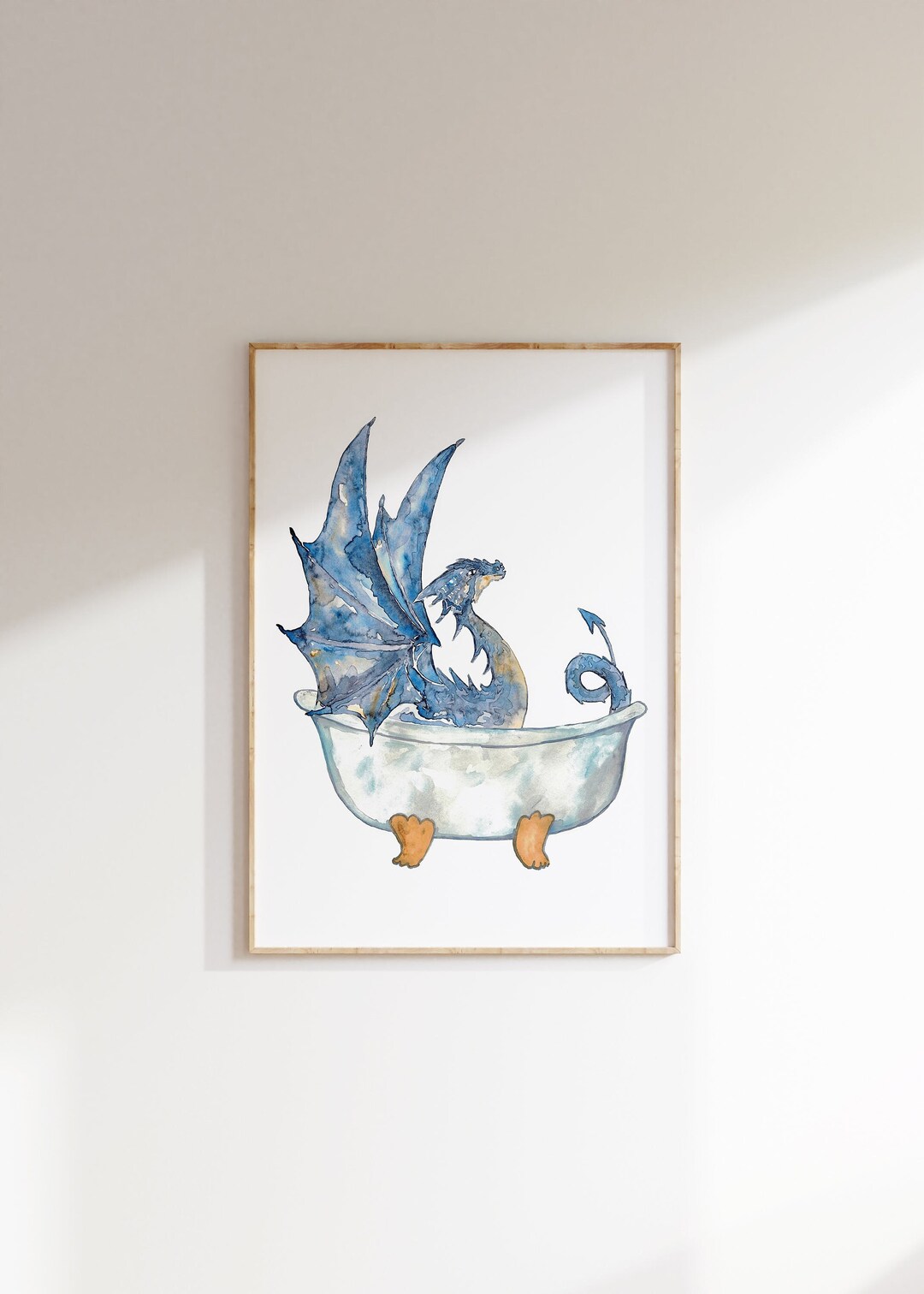 Dragon Taking Bath Painting Watercolour Bathroom Blue Wall Art Room ...